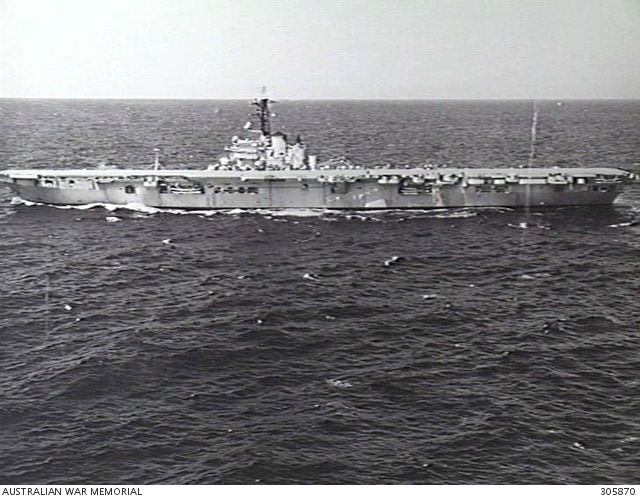 AERIAL PORT SIDE VIEW OF THE AIRCRAFT CARRIER HMAS MELBOURNE (III ...