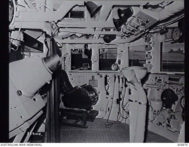 SYDNEY, NSW. C.1964-02. INTERIOR OF THE BRIDGE OF THE AIRCRAFT CARRIER ...
