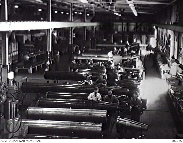 NORTH SYDNEY, NSW. C.1950. THE ASSEMBLY OF TORPEDOES ON THE FLOOR OF ...