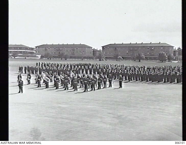 HMAS CERBERUS, FLINDERS NAVAL DEPOT, VIC. C.1955. RECRUITS AT DIVISIONS ...