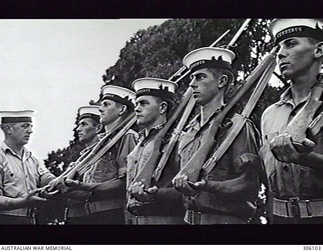 HMAS CERBERUS, FLINDERS NAVAL DEPOT, VIC. C.1955. RAN RECRUITS AT DRILL ...