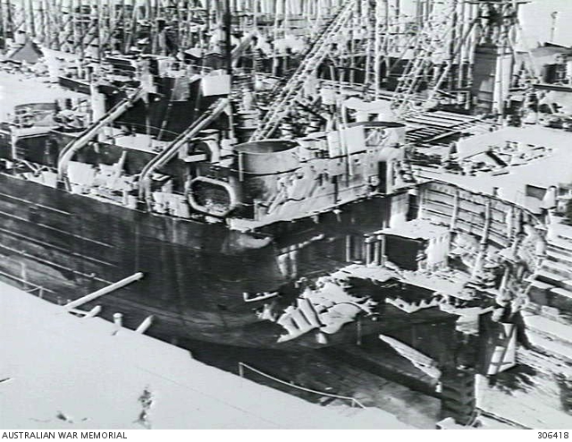 COCKATOO ISLAND DOCKYARD, SYDNEY, NSW. 1943-12. PORT QUARTER VIEW OF ...