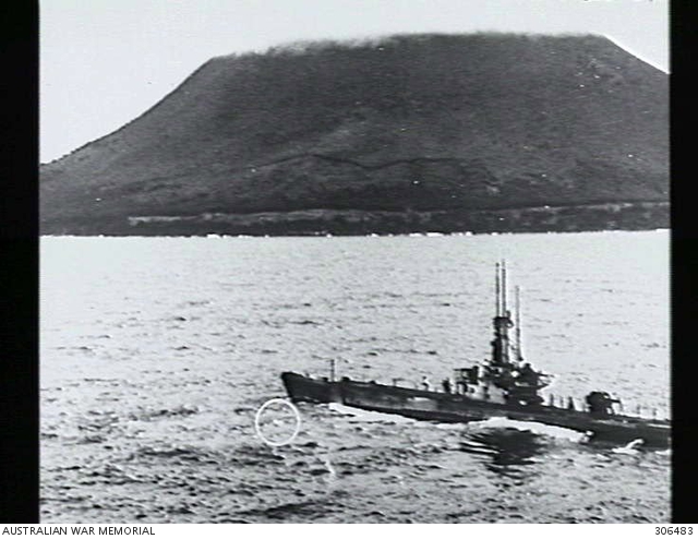 OFF KYUSHU, JAPAN. 1945. A US NAVY SUBMARINE CLOSE TO THE COAST ...