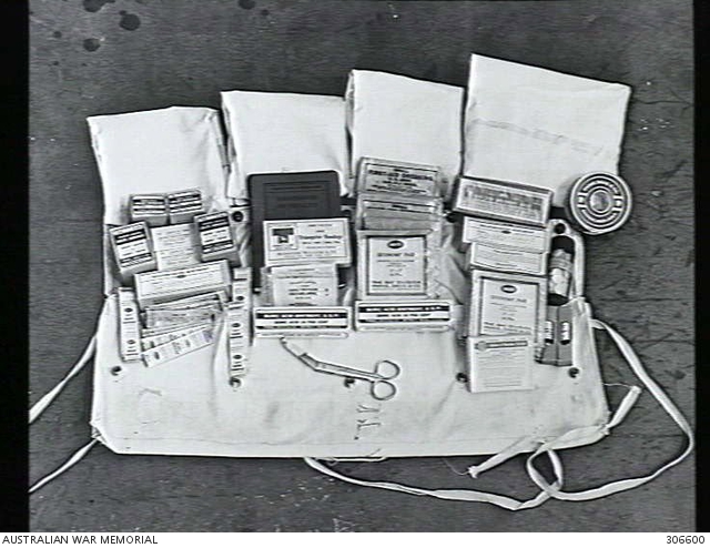 1943-06-26. A DISPLAY OF THE CONTENTS OF AN EMERGENCY FIRST-AID KIT ...