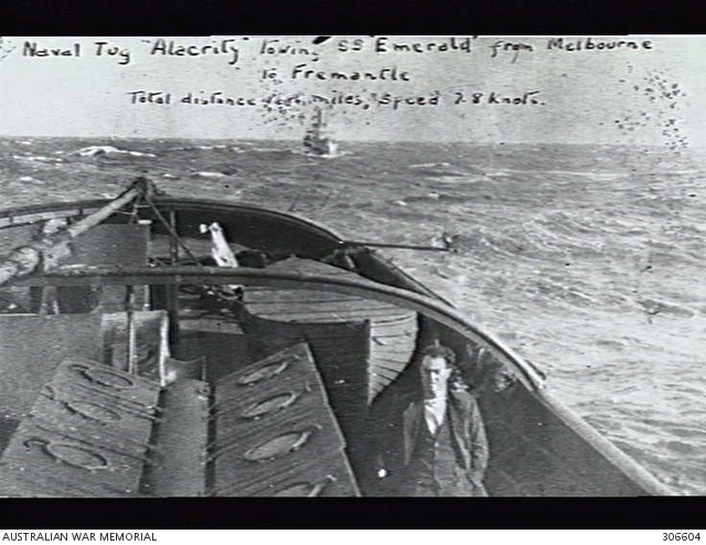 1916-10-20. THE NAVAL TUG ALACRITY TOWING THE MERCHANT SHIP SS EMERALD ...