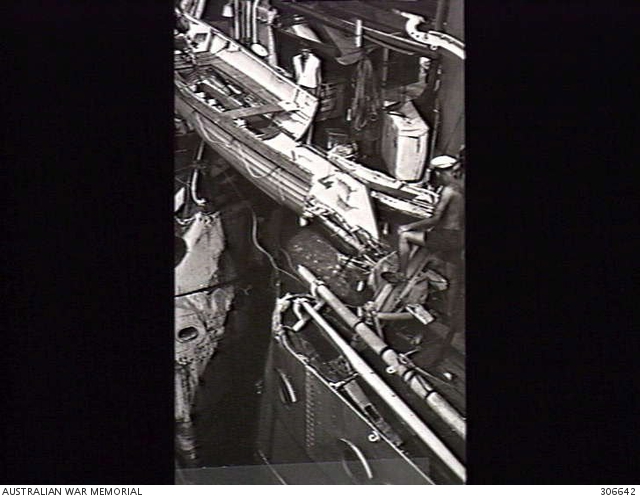 DARWIN, NT. 1942-01-25. DAMAGE SUSTAINED TO THE BOAT OF THE CORVETTE ...