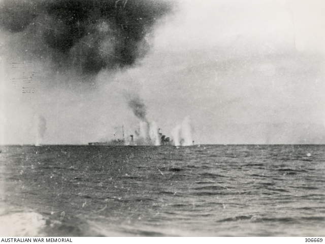 STOPPED AND ON FIRE AFTER THE ACTION OFF CAPE SPADA WITH HMAS SYDNEY ...