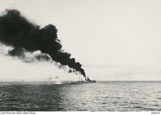 STOPPED AND ON FIRE AFTER THE ACTION OFF CAPE SPADA WITH HMAS SYDNEY ...
