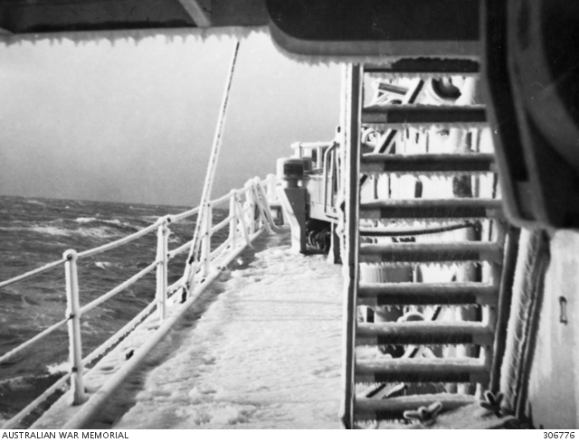 Korea. c. 1952. Ice formed along the iron deck of the frigate HMAS ...