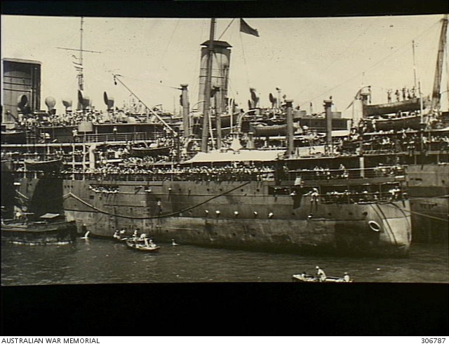 Batavia, Java. 1942-02. Troops line the decks and almost all other ...