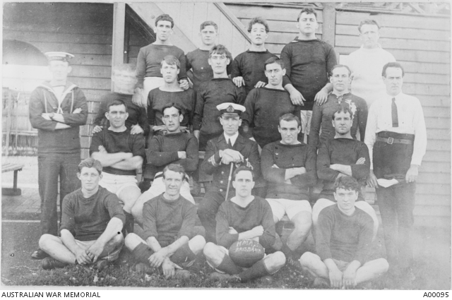 Group portrait of the stoker's rugby football team from HMAS 'Brisbane ...