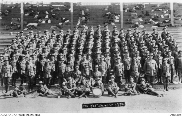 The 10th Reinforcements, 28th Battalion at Belmont. Note the kit bags ...