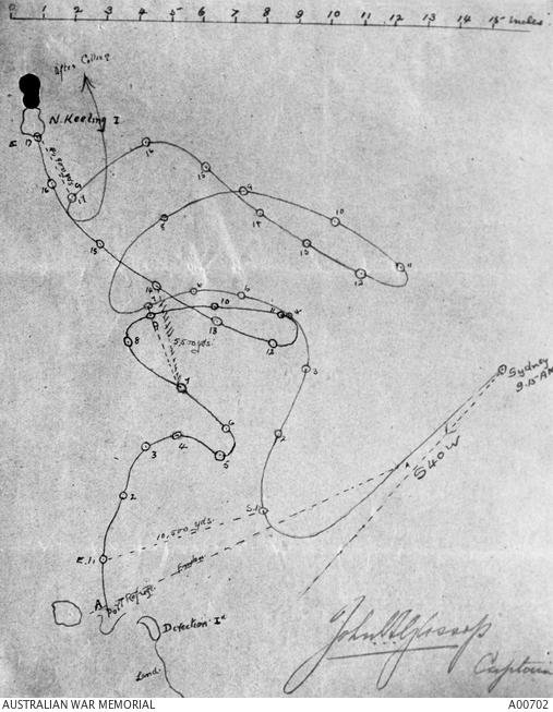 Track of action between the German raider Emden and HMAS Sydney south ...