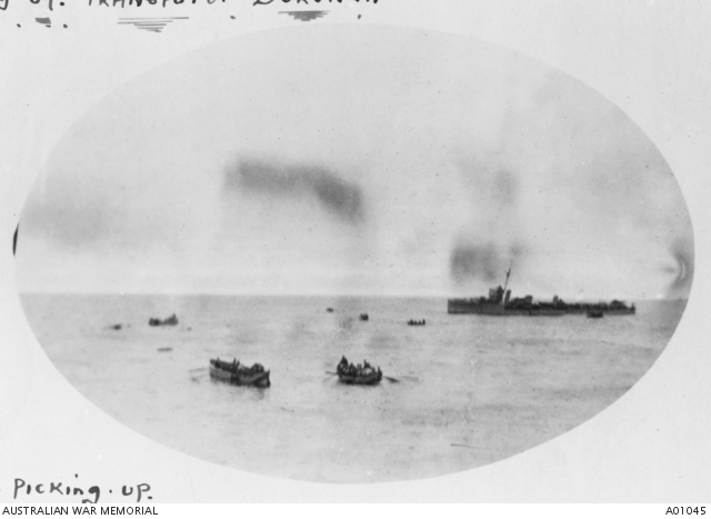 Boats picking up survivors from water after the torpedoing of SS ...
