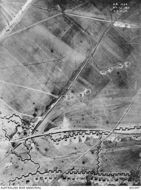 An aerial view showing part of the Hindenburg Line east of Bullecourt ...