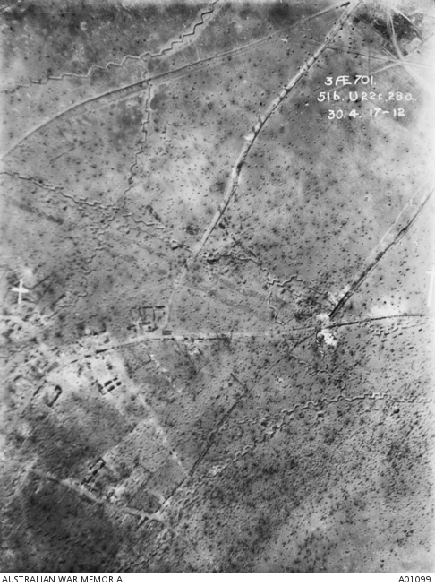An aerial view of Bullecourt trenches after having been shelled. A ...