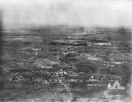 An aerial view of Bullecourt and surrounding areas after being shelled ...