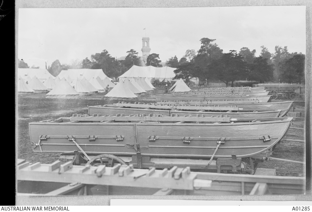 A row of pontoons on wagons parked in the Domain Park Camp. The ...