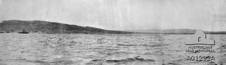 Panoramic view looking towards the shore at Suvla Bay, a ship is on the ...