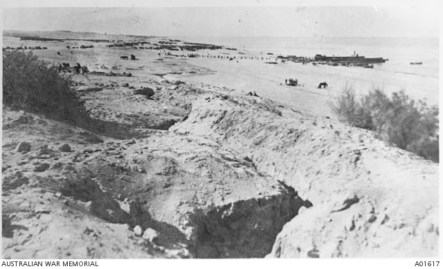 View of Turkish trenches. Australian Lighthorsemen can be seen walking ...