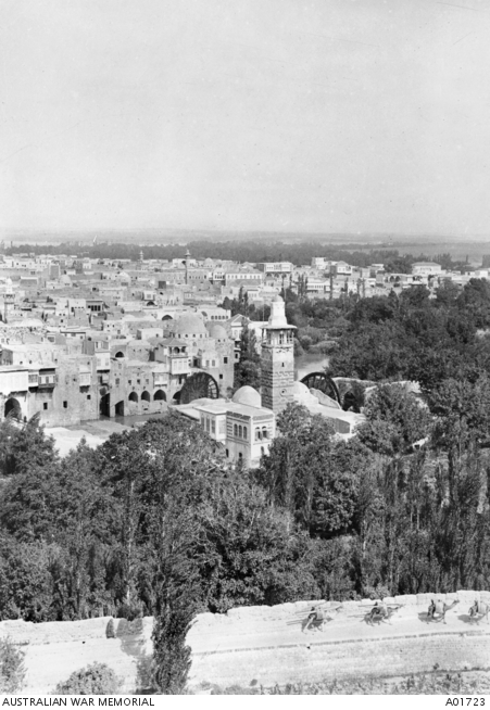 View of the old river town of Hama from the Castle Hill. The town is ...