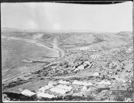 General view showing Walker's Ridge and Suvla in the distance. Tents ...