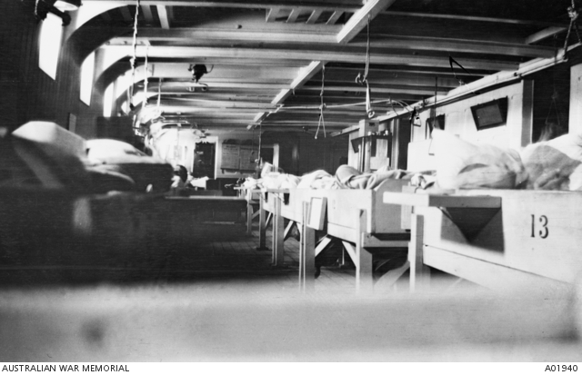 A view of the interior of a wardroom on a hospital ship. Patients can ...