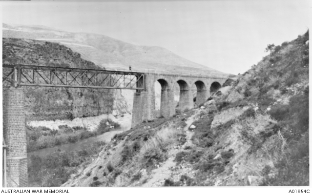 Panorama of a bridge built over the Yarmuk River, near Semakh, on the ...