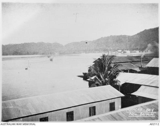 View across Blanche Bay at the entrance to Rabaul wharf, looking across ...