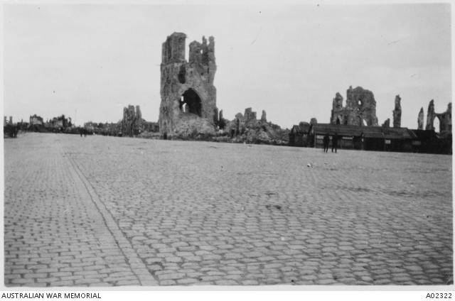The remains of Cloth Hall and the cathedral in the main square of Ypres ...