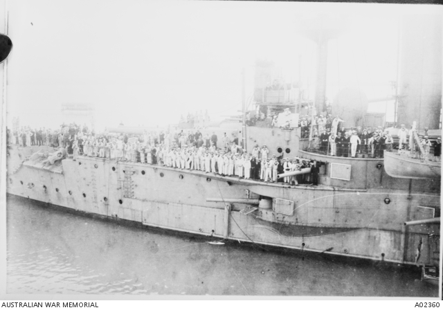 The crew of HMS Ocean mustered on the deck as the ships of the second ...