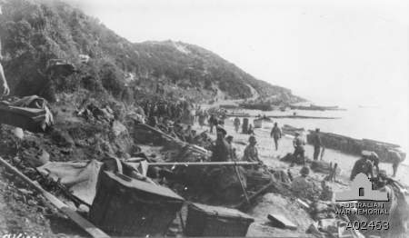 Anzac Beach a few days after the landing. In the foreground is the site ...