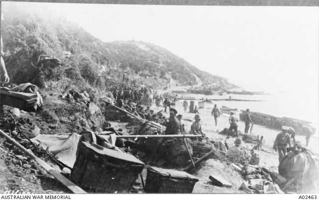 Anzac Beach a few days after the landing. In the foreground is the site ...