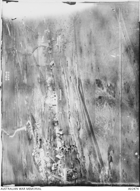 An oblique aerial view of Bullecourt, showing a section of the ...