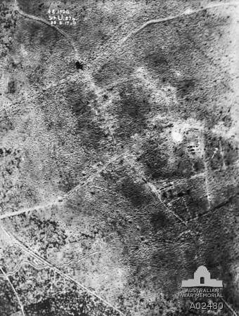 An aerial view of Bullecourt after being bombarded with artillery. Map ...