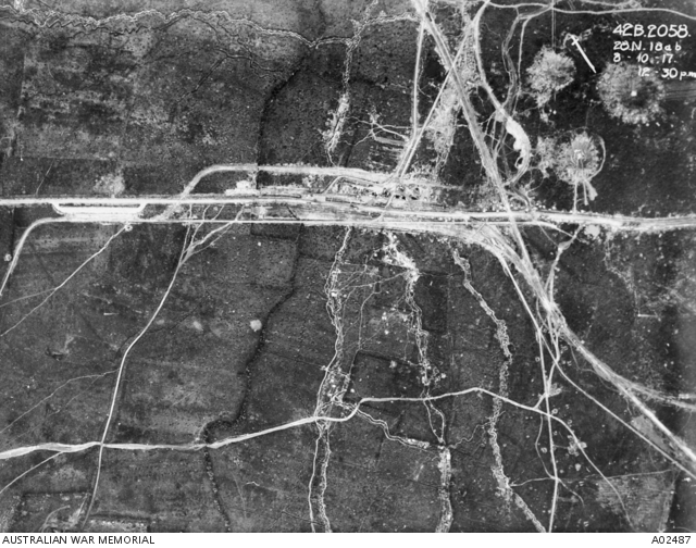 An aerial view of Messines showing three mine craters (top right hand ...
