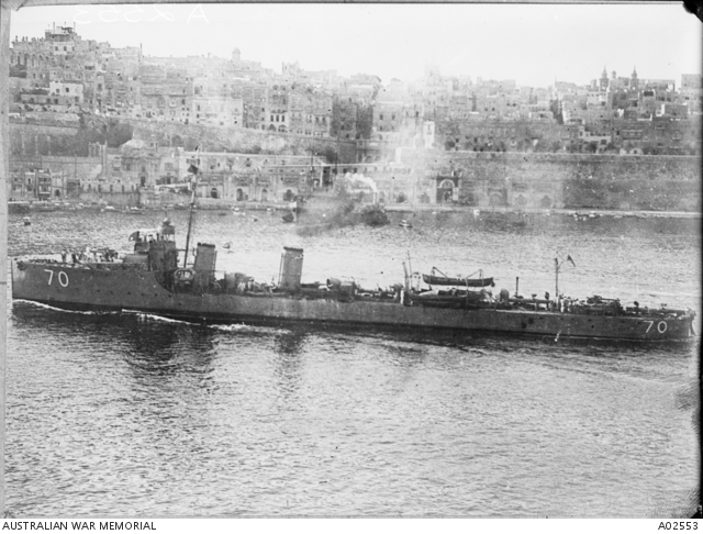 HMAS destroyer Warrego entering the harbour at Malta. After having ...