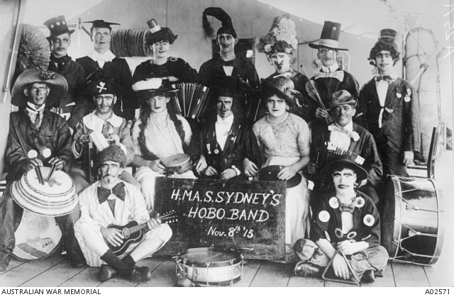 Informal group portrait of unidentified members of the Hobo Band of ...