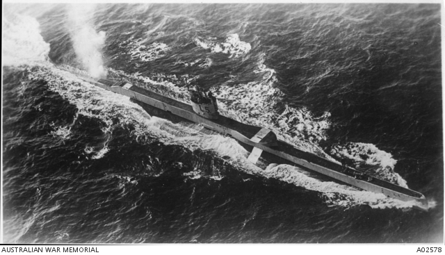 An aerial view of HM Submarine L7 at sea. | Australian War Memorial