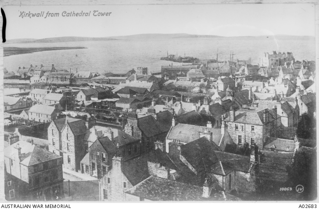 View from the cathedral tower looking across the buildings of Kirkwall ...