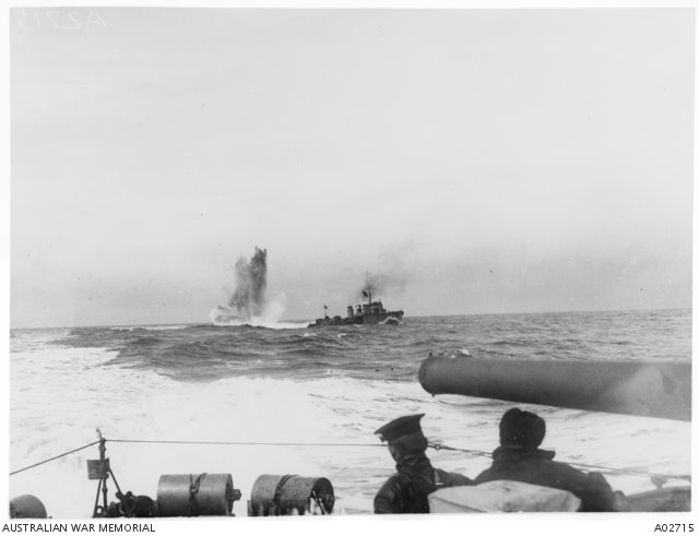 The British destroyer HMS Tempest dropping a depth charge, taken from ...