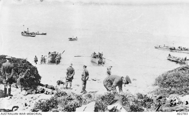Troops landing at Anzac Beach. The men in the foreground are members of ...