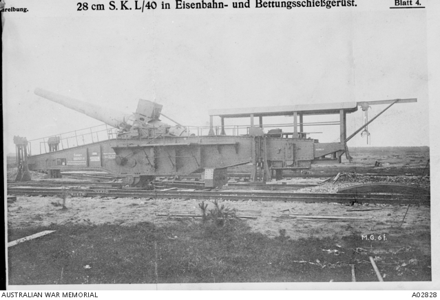 A 28cm German railway gun, captured intact with its train, by the ...