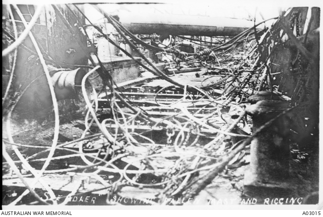 The fallen mast and rigging of the German raider Seeadler after running ...