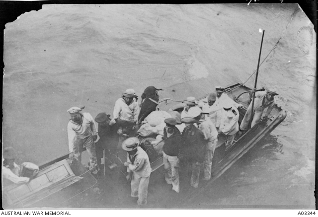 German prisoners from the German raider Emden being brought aboard HMAT ...