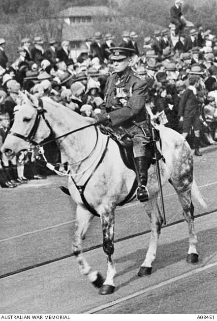 General Sir John Monash mounted on a dappled grey charger during an ...