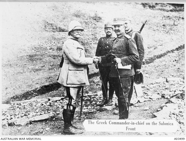 The Greek Commander in Chief shaking hands with three Greek officers on ...