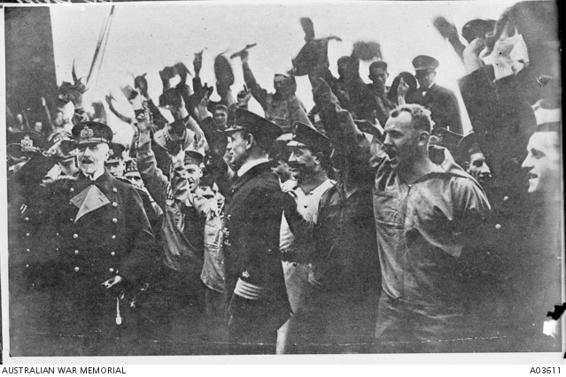 The German Emperor, King Wilhelm II, being cheered by officers and crew ...