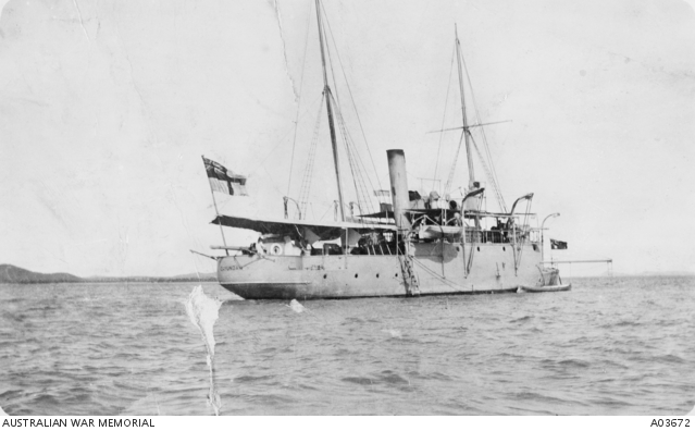 Starboard view of the gunboat Gayundah, with the White Ensign flying ...