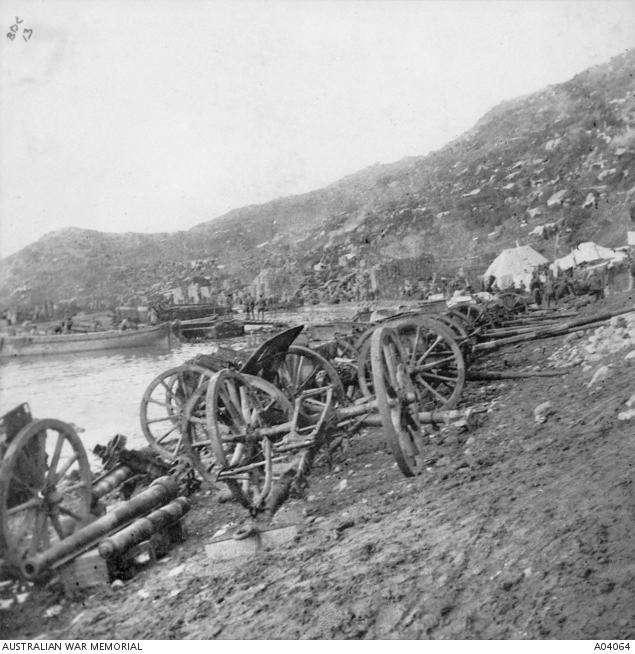 Damaged guns and limbers on the beach at Anzac Cove. | Australian War ...